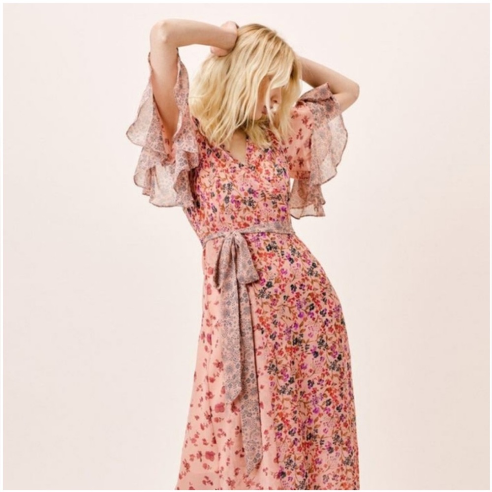 Lovestitch Flutter Sleeve Floral Wrap Maxi Dress - Gem